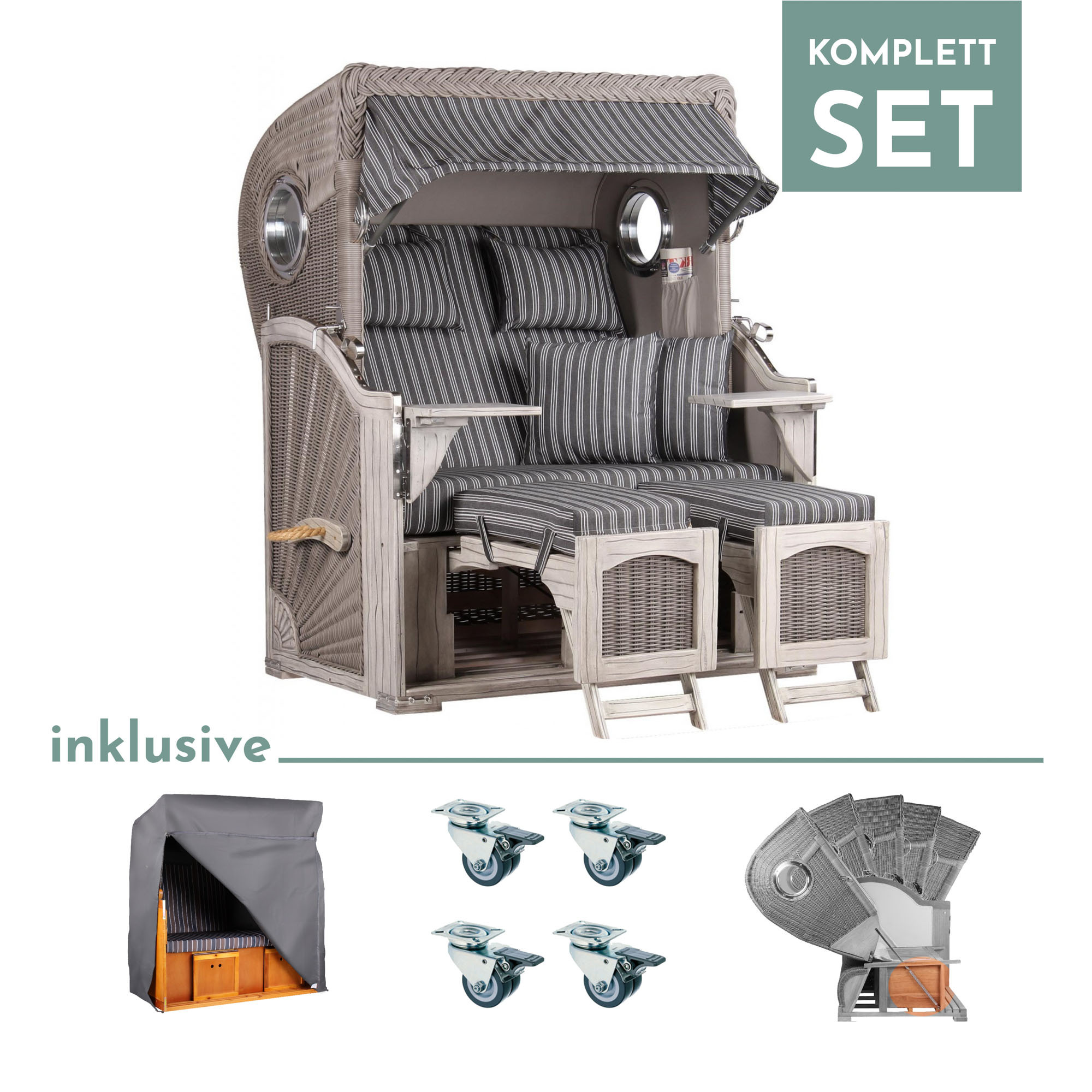 Komplettset Strandkorb Rantum Mahagoni washed grey